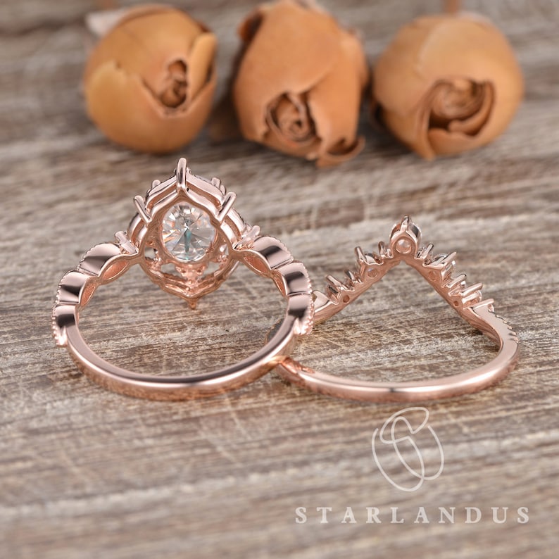 Unique Rose Gold Bridal Set 1.5ct Lab Grown Diamond Engagement - Etsy