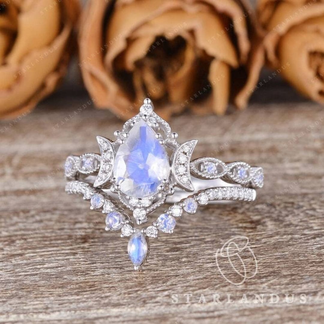 Magic Moon Ring Moonstone Engagement Rings 2pcs White Gold Moon ...
