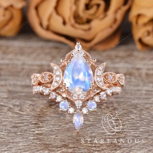 Magic Moon Ring Moonstone Engagement Rings 2pcs White Gold Moon ...