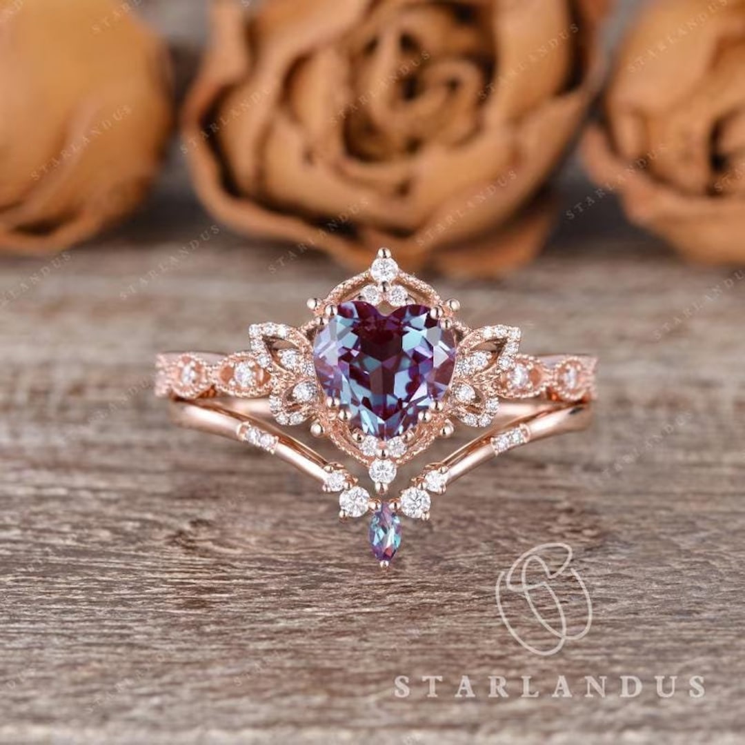 Fairy Alexandrite Engagement Ring Set Rose Gold Heart Shaped Alexadrite ...