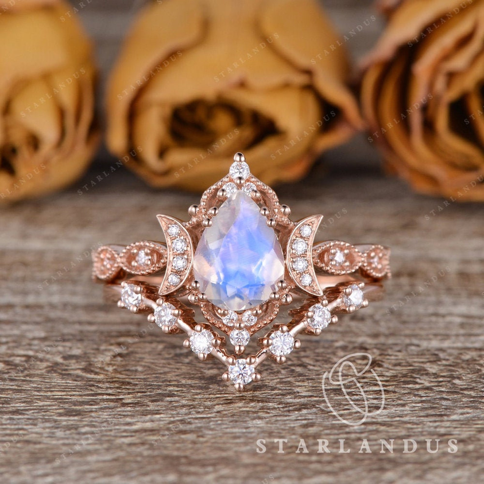 Star Moon Engagement Ring Pear Shaped Wedding Ring Cluster - Etsy