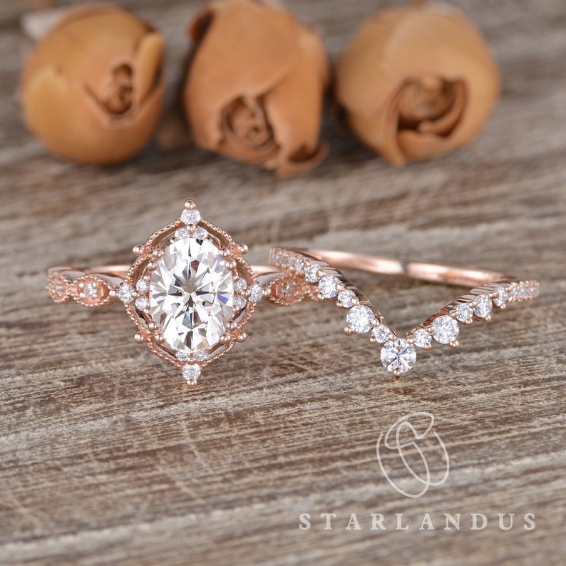 Unique Rose Gold Bridal Set 1.5ct Lab Grown Diamond Engagement - Etsy