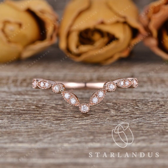 Art Deco Wedding Band Women Rose Gold Wedding Ring Retro Antique Chevron Band Matching Antique Wedding Band Stacking Gift Promise For Her Etsy