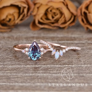 Alexandrite Opal Engagement Ring Set 2pcs Rose Gold Bridal Set Pear ...