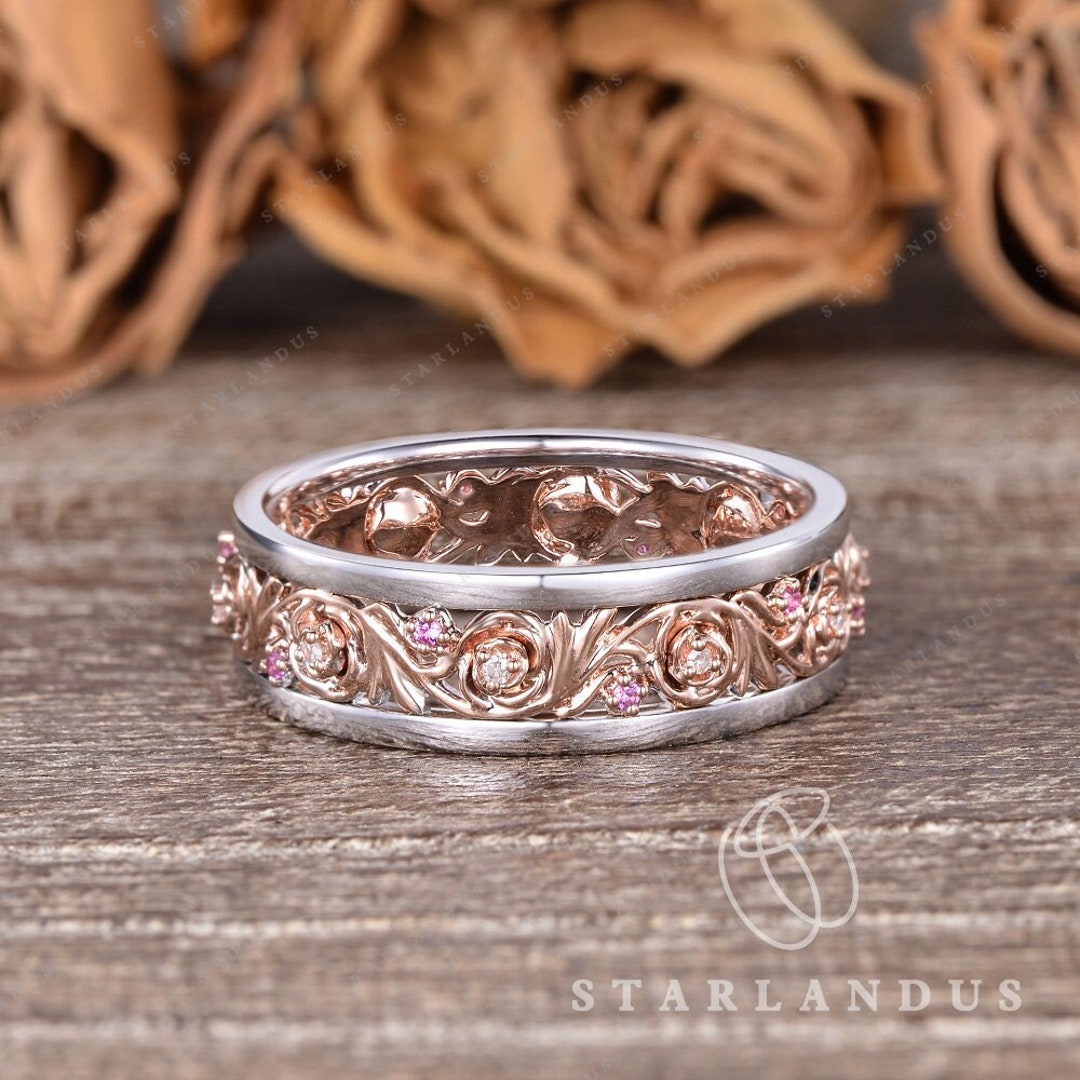 Rose Flower Men's Wedding Band Pink Sapphrie Ring Mixed Metals Rosebud ...