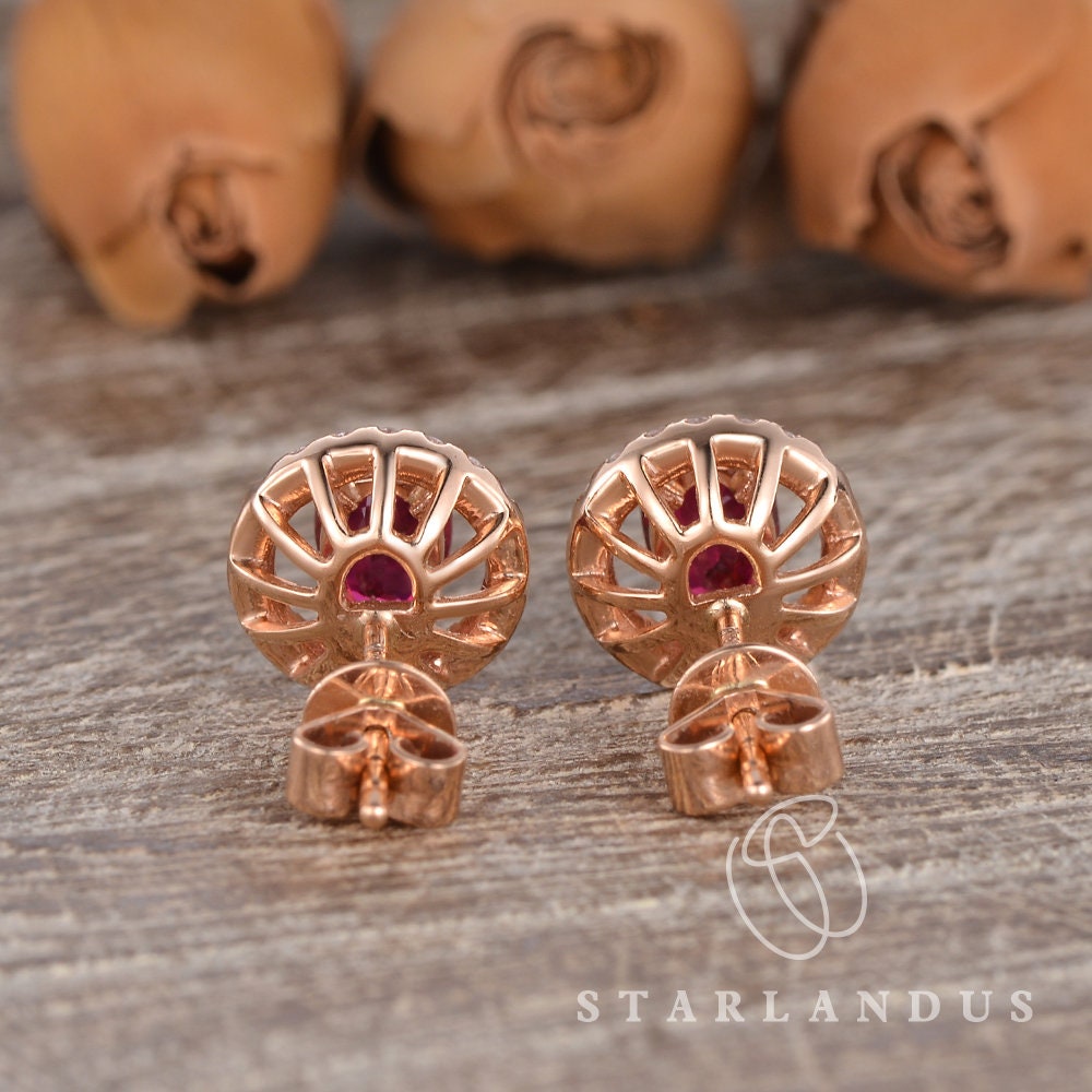 Natural Ruby Stud Earrings Rose Gold Jewelry Halo Earrings | Etsy