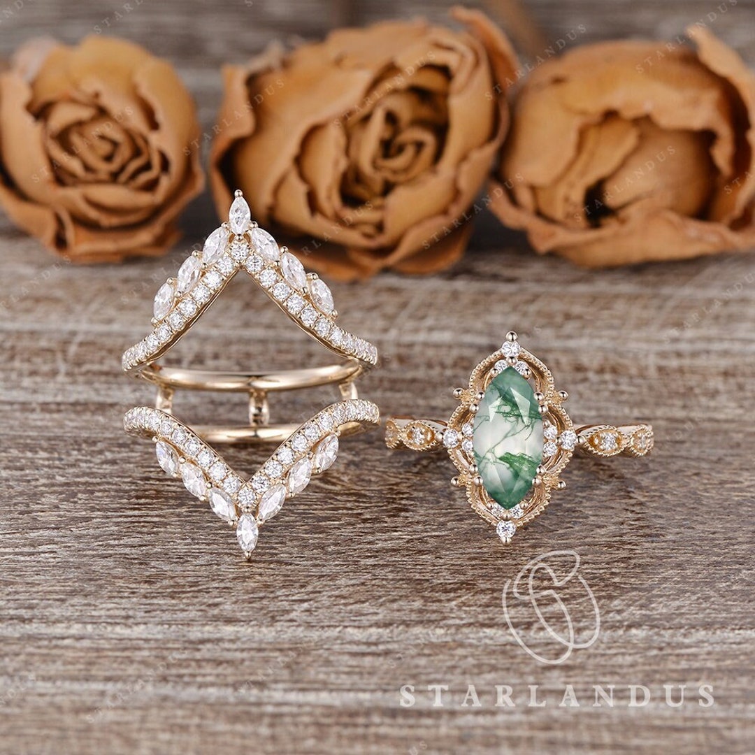 Unique Marquise Moss Agate Engagement Ring Set 3pcs Yellow Gold Natural ...