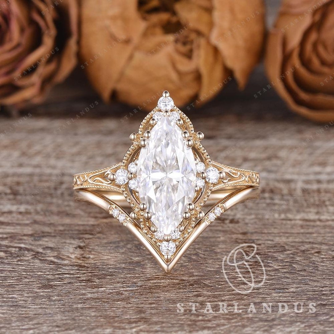 Vintage 2ct Marquise Moissanite Engagement Ring Set 2pcs Yellow Gold ...