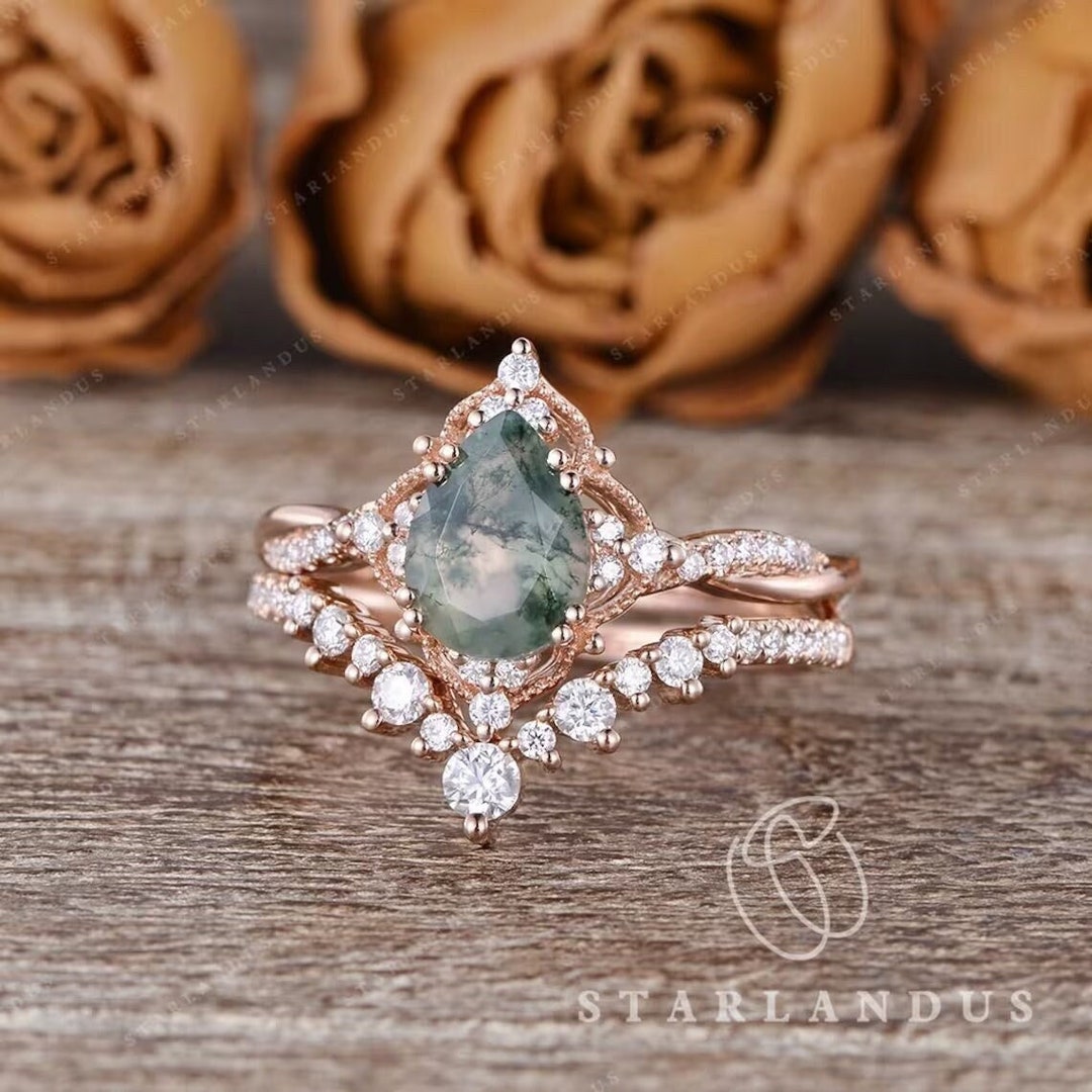 Moss Agate Engagement Ring Rose Gold Wedding Ring Set Infinity Rings Vintage Cluster Unique ...