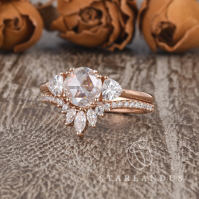 Unique Rose Gold Bridal Set 2pcs Engagement Ring Rose Cut | Etsy