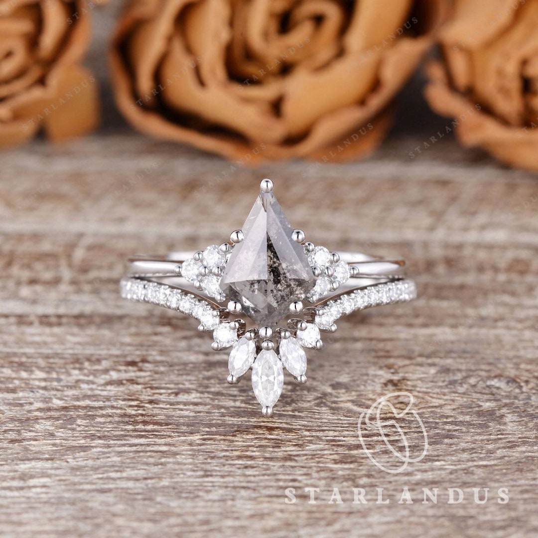 Natural Kite Cut Salt and Pepper Diamond Engagement Ring Set White Sold ...