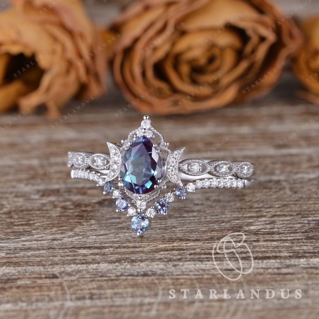 White Gold Lab Alexandrite Ring Set 2pcs Moon Engagement Ring Lab ...