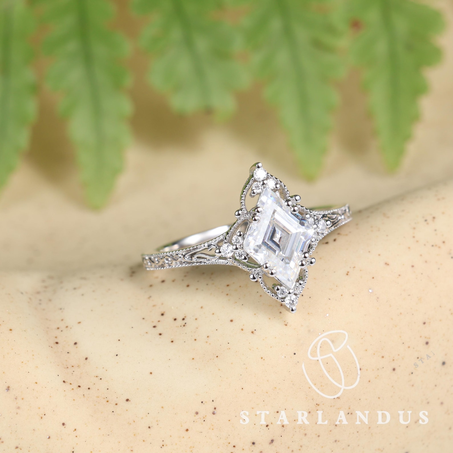 Vintage Lozenge Cut Marquise Moissanite Engagement Ring White Gold ...