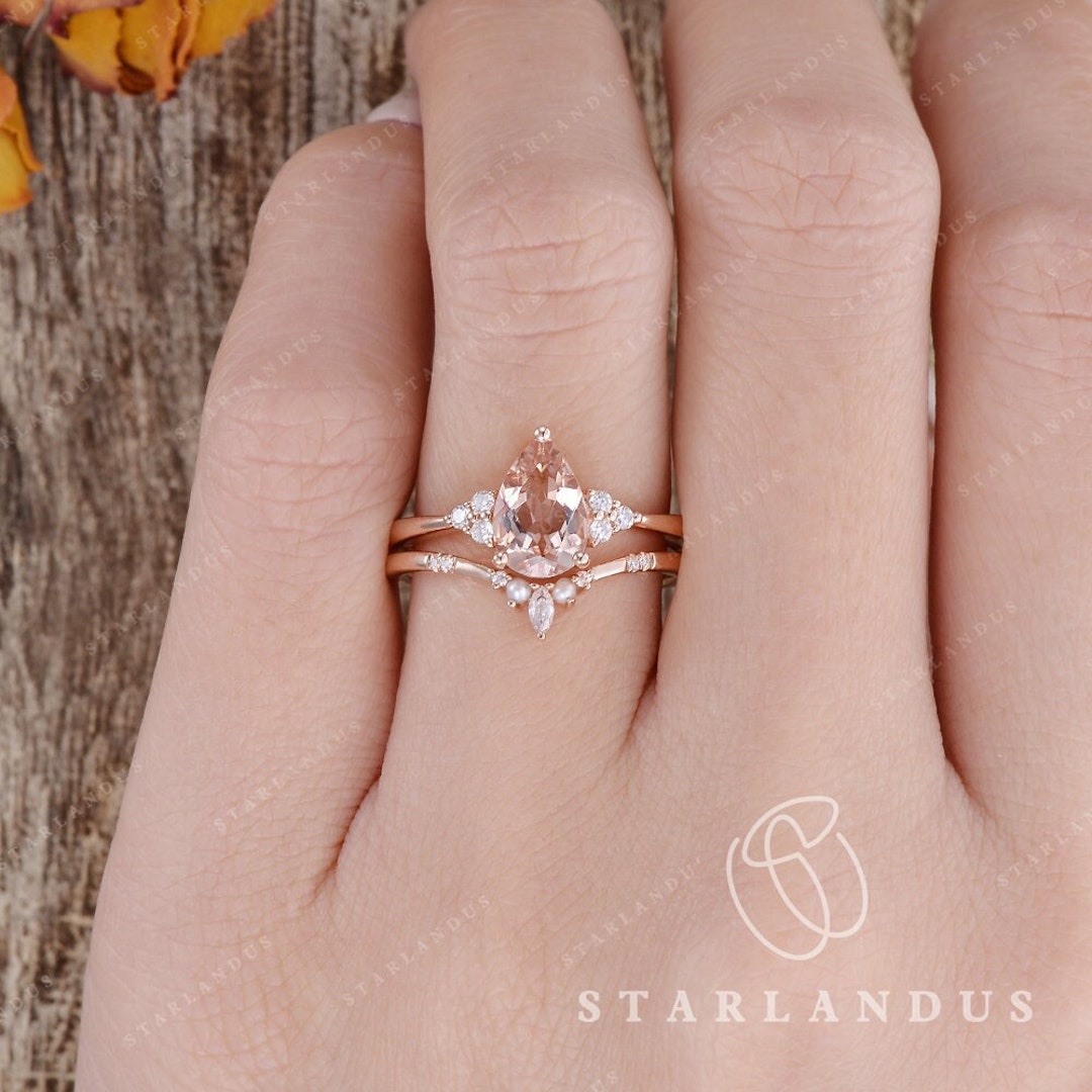 Pear Shaped Morganite Engagement Ring Rose Gold Bridal Set 2pcs Unique ...