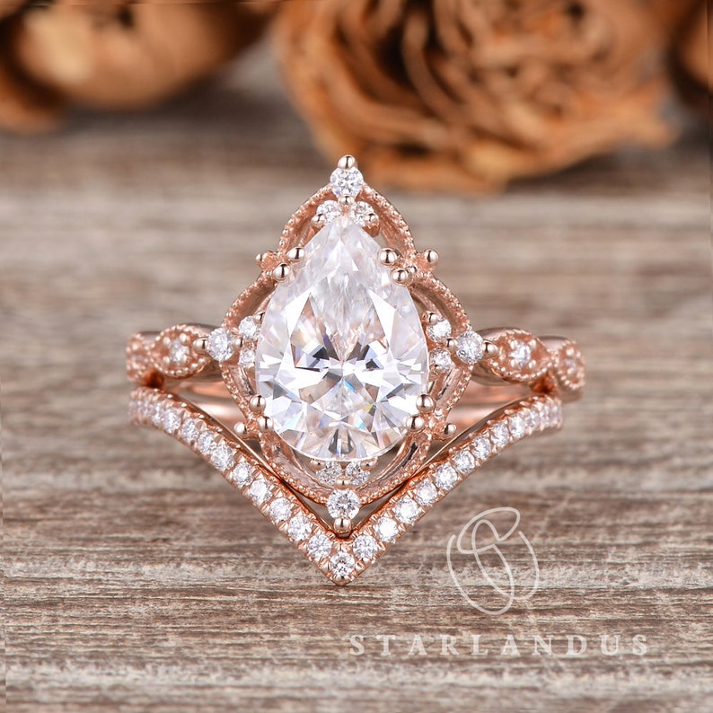 2ct Art Deco Bridal Set 2pcs Pear Shaped Moissanite Engagement - Etsy