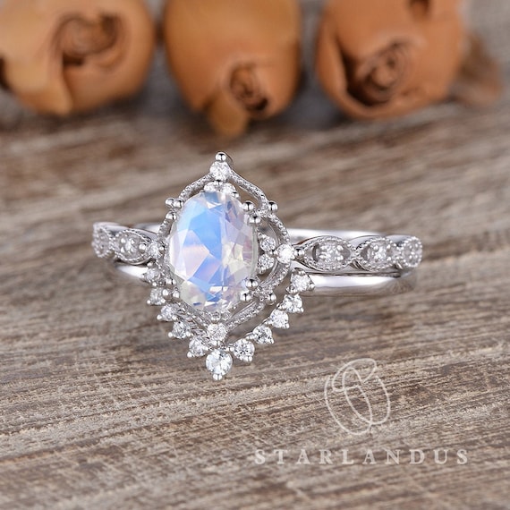 1ct Moonstone Bridal Set 2pcs Cluster Engagement Rings White | Etsy