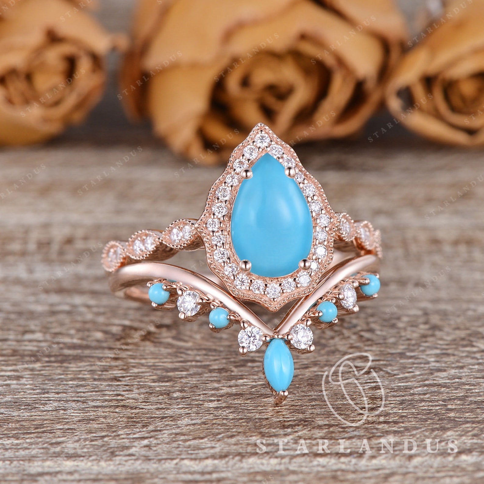 Natural Turquoise Pear Shaped Engagement Ring Set 2pcs Vintage - Etsy