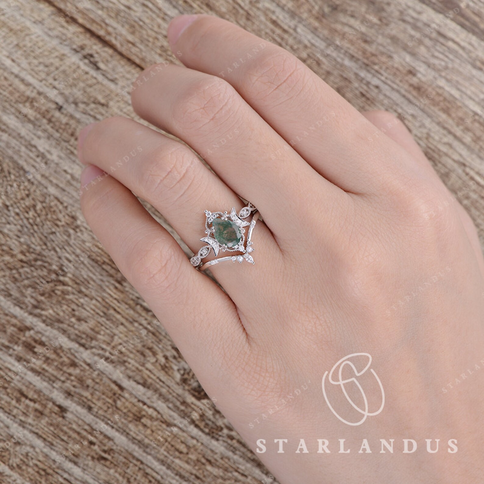 Pear Shaped Moon Engagement Ring 1ct Moss Agate Ring 2pcs - Etsy