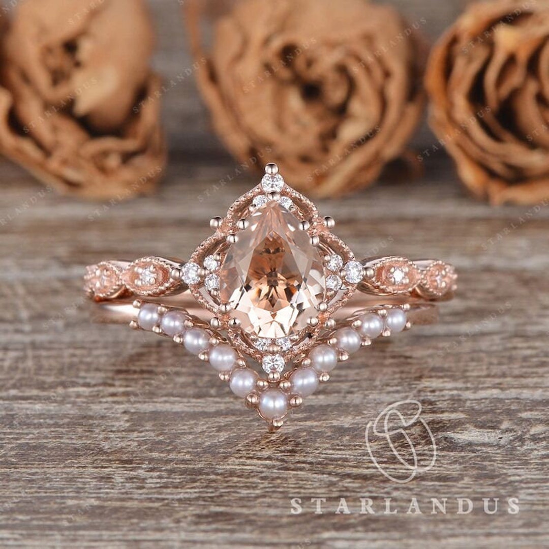 Pear Shaped Morganite Engagement Ring Rose Gold Vine Flower Stacking ...