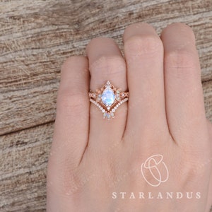 Moonstone Opal Engagement Ring 2pcs Pear Shaped Wedding Ring Unique Cluster Galaxy Cluster Boho ...