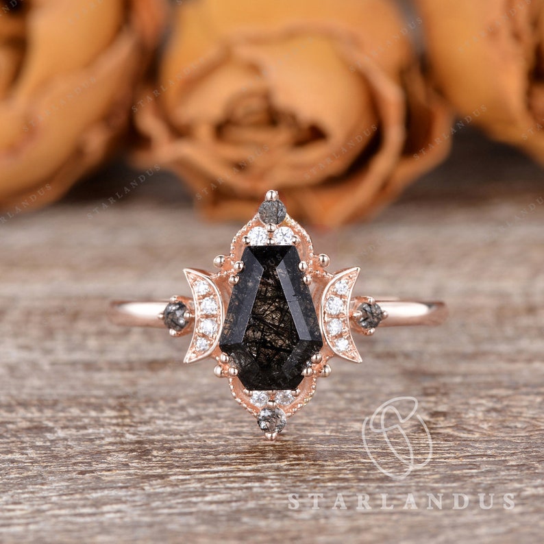Black Crystal Ring Coffin Cut Black Rutilated Quartz Engagement Ring ...