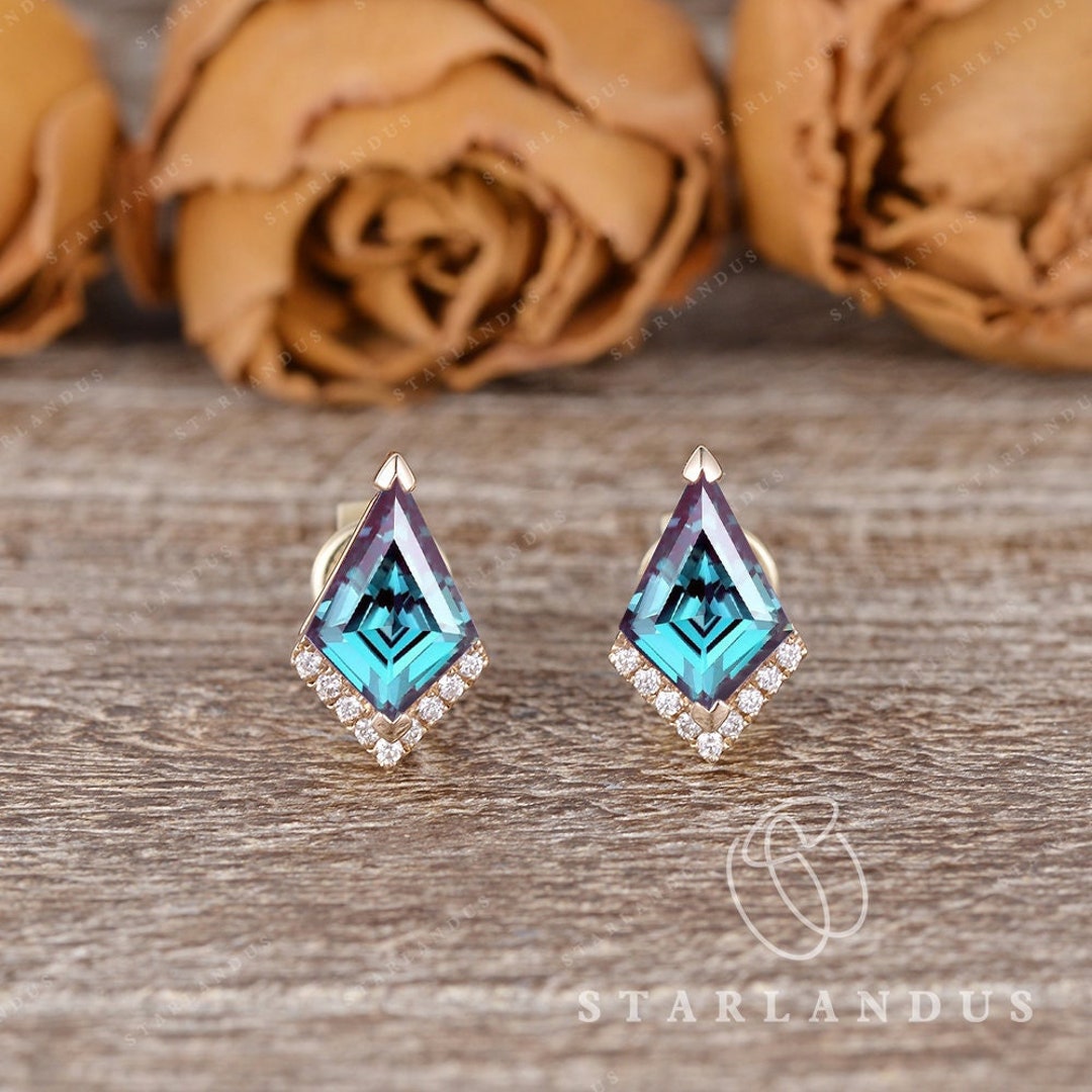 Kite Cut Lab Alexandrite Earrings Silver Stud Earrings Antique Diamonds ...