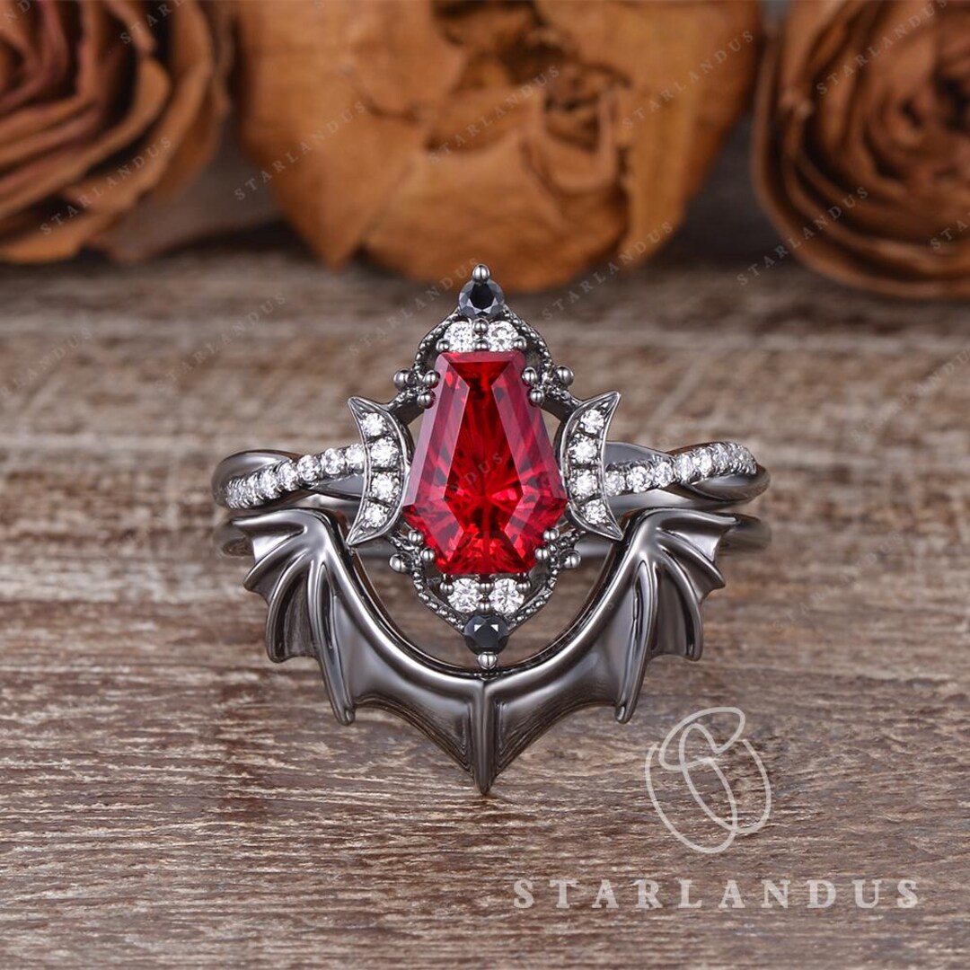Gothic Bat Coffin Firework Cut Ruby Engagement Ring Set Twisted Ring ...