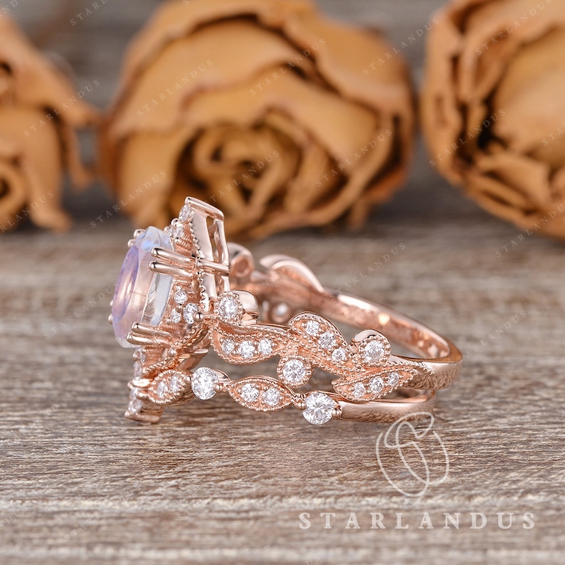 Vine Rose Gold Cluster Rings Unique Moonstone Bridal Set 2cps White ...