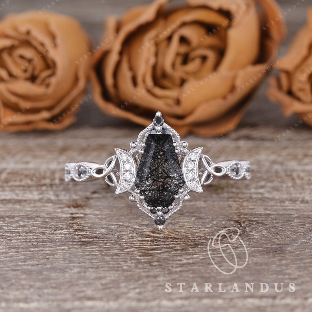 Unique Coffin Cut Black Rutilated Quartz Engagement Ring White Gold ...