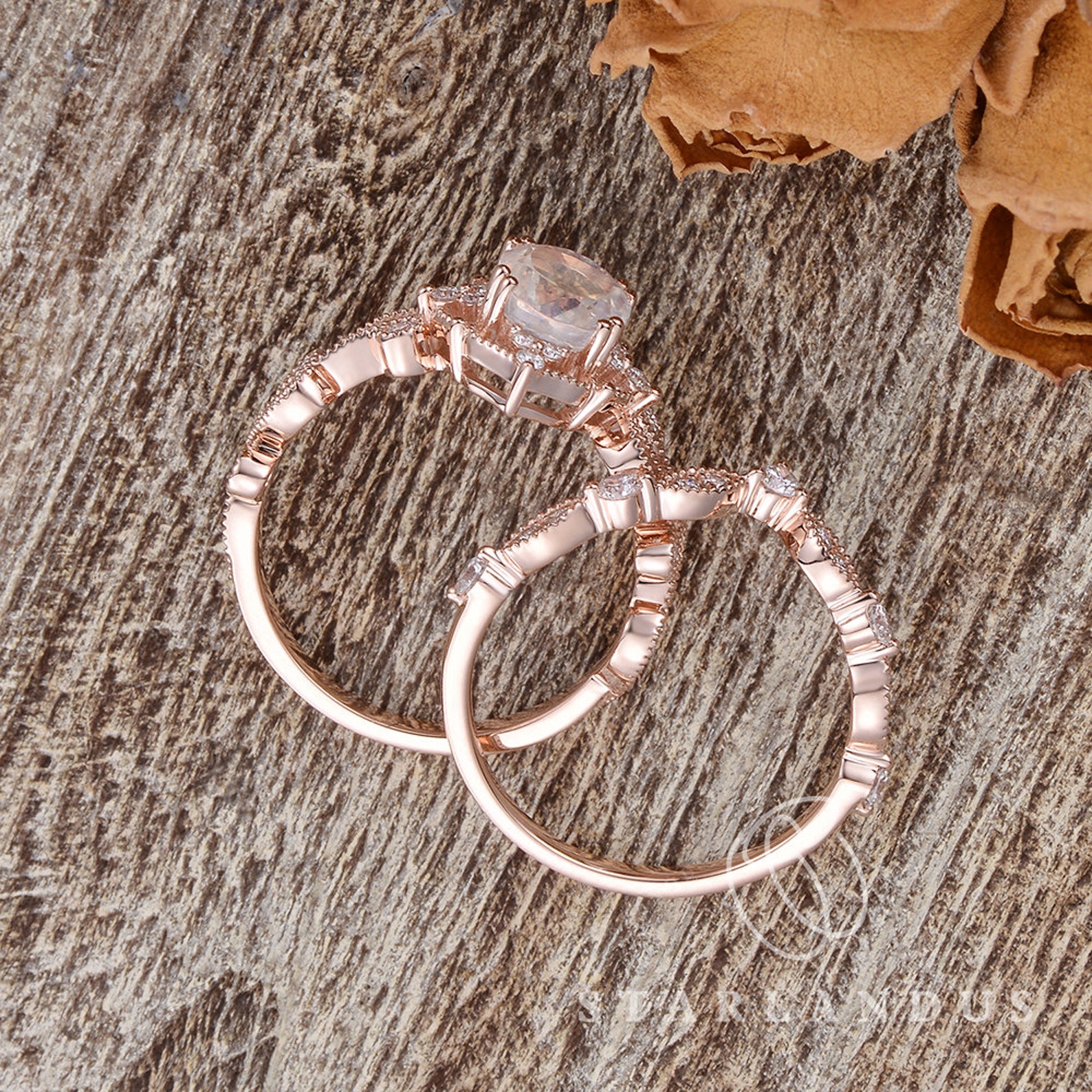 Vine Rose Gold Cluster Rings Unique Moonstone Bridal Set 2cps - Etsy