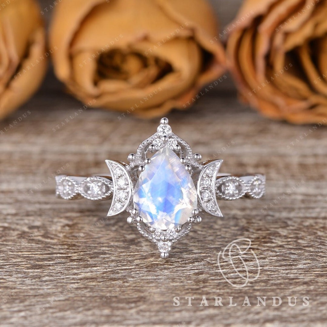Pear Shaped Moonstone Engagement Ring White Gold Vine Ring Antique Art ...