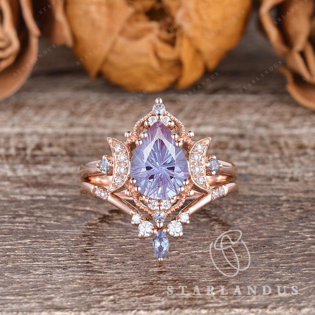 Unique Starbrite Cut Alexandrite Engagement Ring Rose Gold Moon Bridal ...