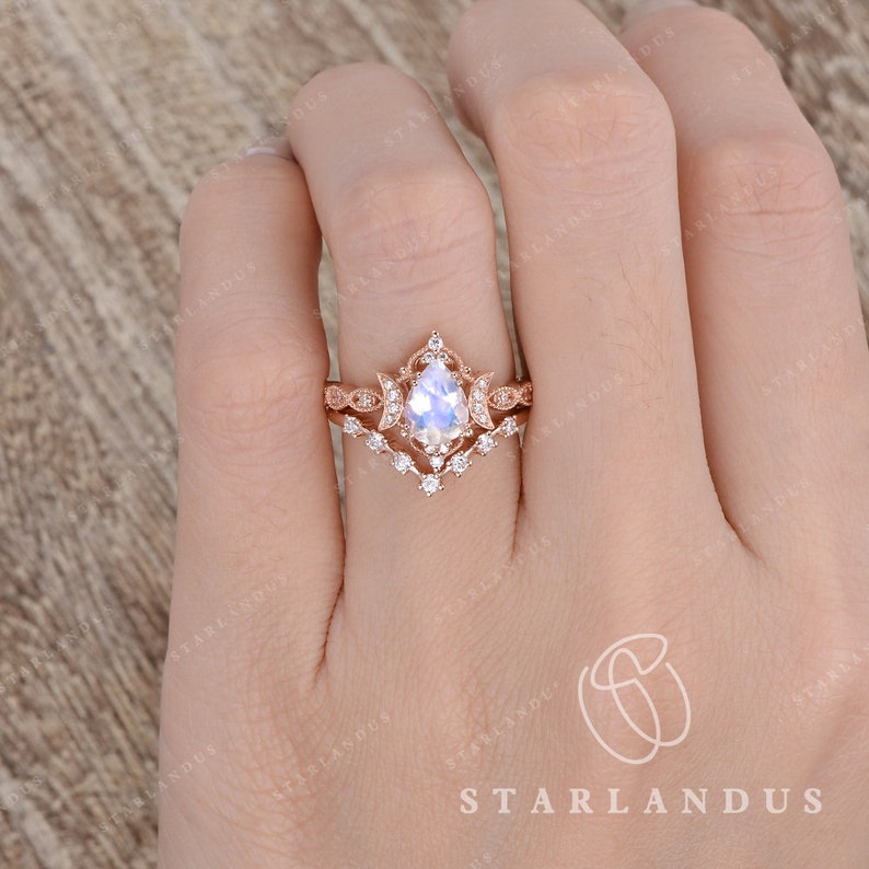 Star Moon Engagement Ring Pear Shaped Wedding Ring Cluster | Etsy