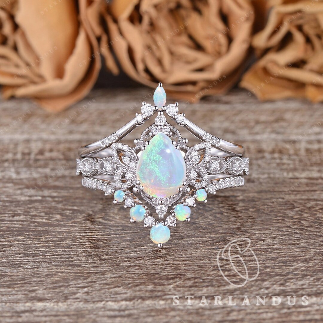 Fairy Opal Engagement Ring Set Pear Shaped Opal Butterfly Ring White ...