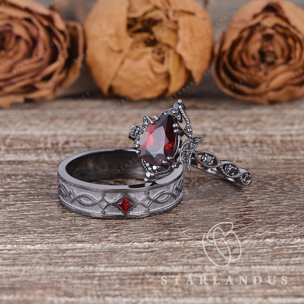 Goth Couples Ring Garnet Black Gold Black Gold Ring Crystal Wedding ...