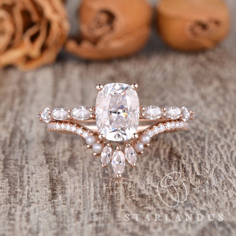 1.5ct Cushion Moissanite Engagement Ring Set 2pcs Unique Marquise Rose ...
