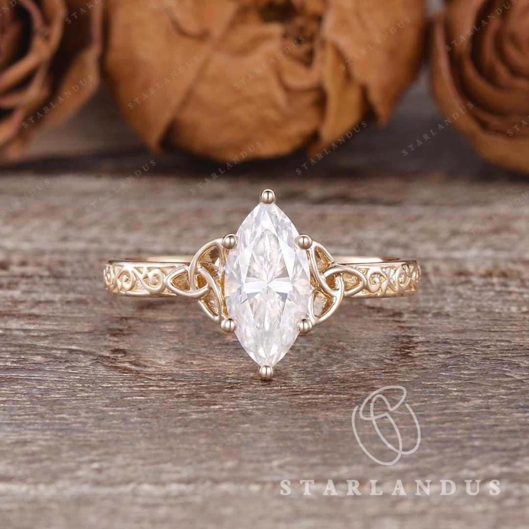 Vintage Marquise Moissanite Engagement Ring Celtic Engraved Ring Yellow Gold Filigree Inspired ...