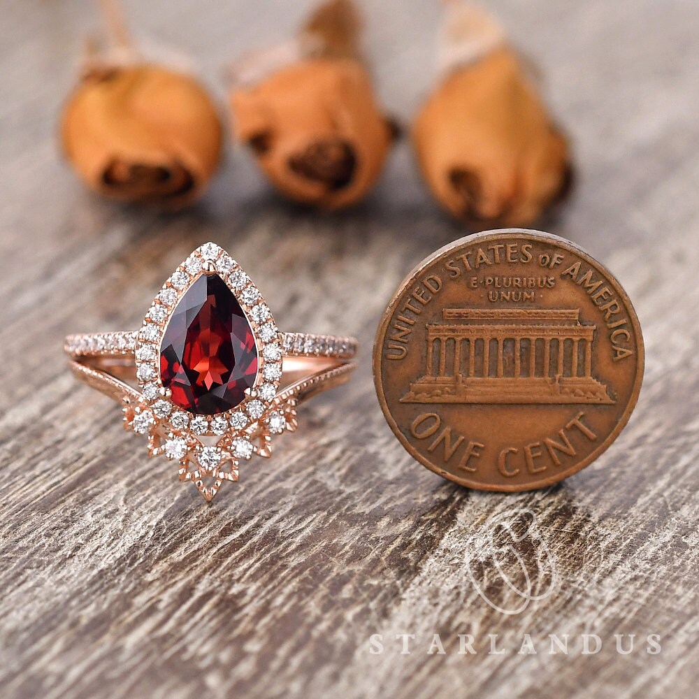 Pear Shaped Garnet Engagement Ring Set 2pcs Rose Gold Bridal | Etsy