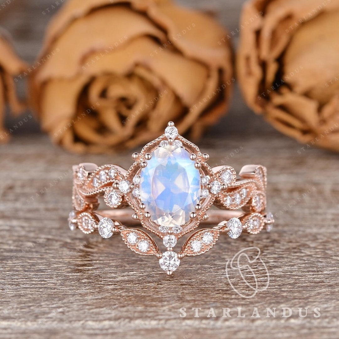 Vine Rose Gold Cluster Rings Unique Moonstone Bridal Set 2cps White ...