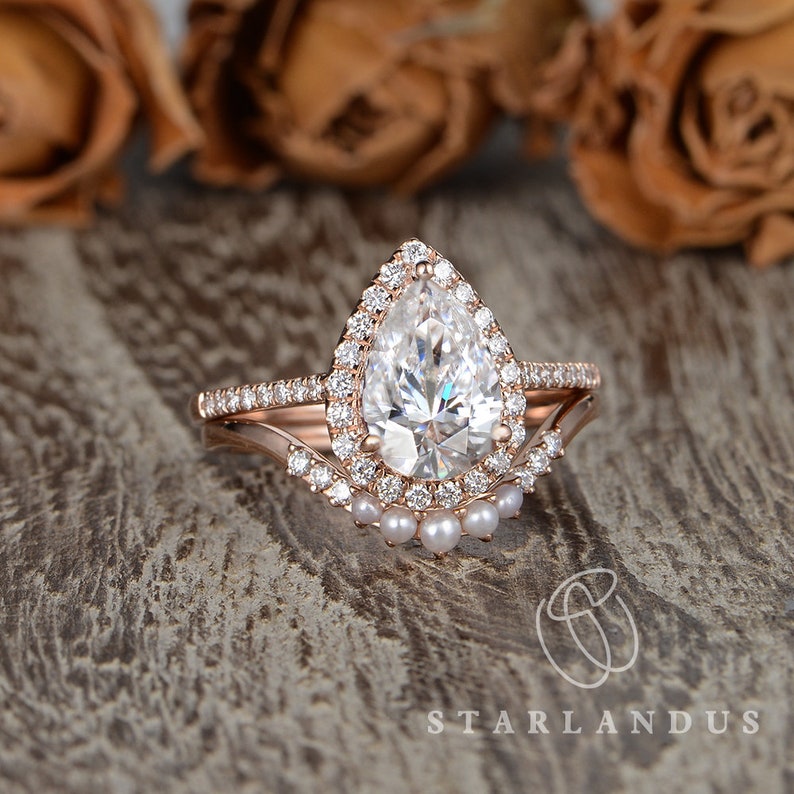 Pear Shaped Moissanite Engagement Ring Rose Gold Pearl Wedding Etsy