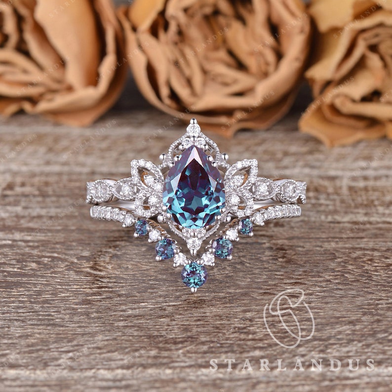 Unique Alexandrite Engagement Ring Set Whimsical Ring Butterfly Wedding ...