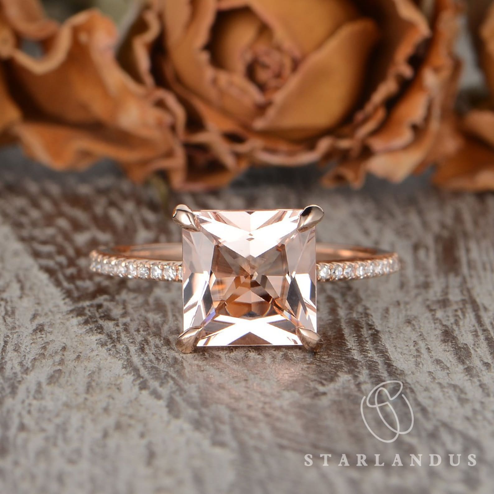 Princess Cut Morganite Engagement Ring Solitaire Rose Gold Ring ...