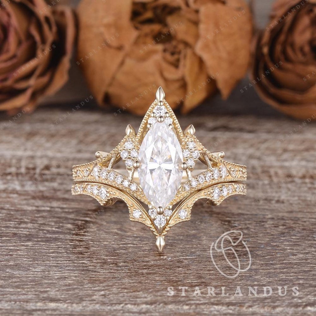 Vintage Marquise Moissanite Engagement Ring Set Goth Ring Yellow Gold ...