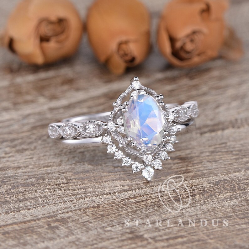 1ct Moonstone Bridal Set 2pcs Cluster Engagement Rings White Gold ...