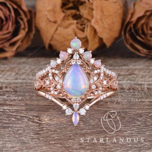 Fairy Opal Engagement Ring Set Pear Shaped Opal Butterfly Ring White ...