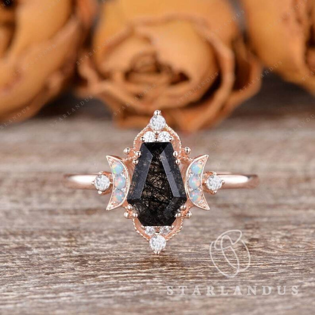 Opal Black Crystal Ring Coffin Cut Black Rutilated Quartz Engagement ...