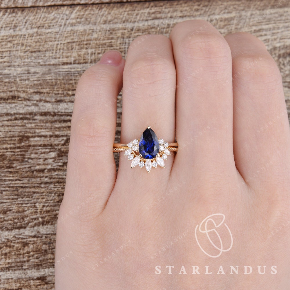 Unique Blue Sapphire Ring Set 2pcs Pear Shaped Lab Sapphire Bridal Set 2pcs Cluster Marquise Wedding Band Women September Birthstone Vintage Etsy