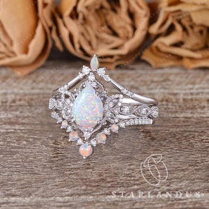 Fairy Opal Engagement Ring Set Pear Shaped Opal Butterfly Ring White ...