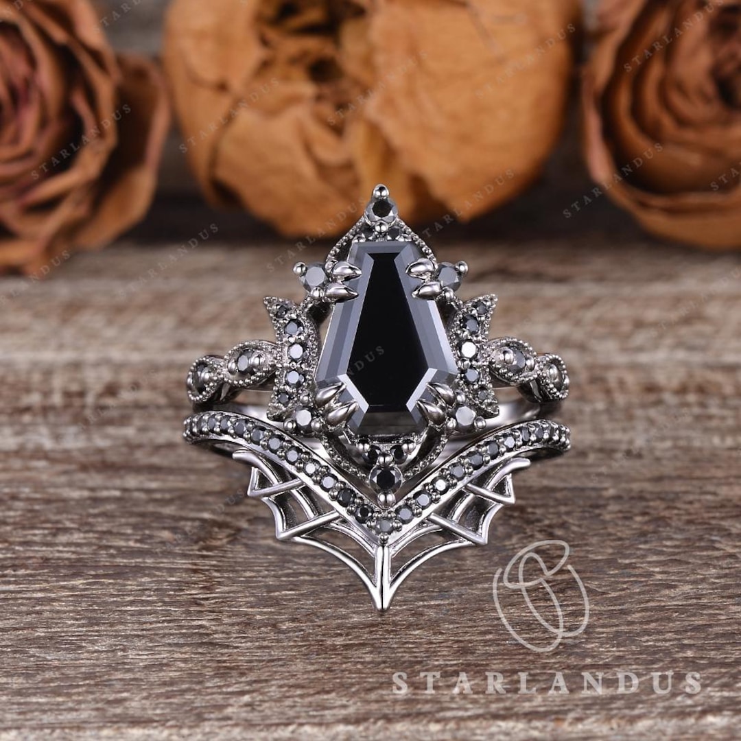 Coffin Black Moissanite Engagement Ring Set White Gold Ring Vintage Moon Ring Spider Web Ring ...