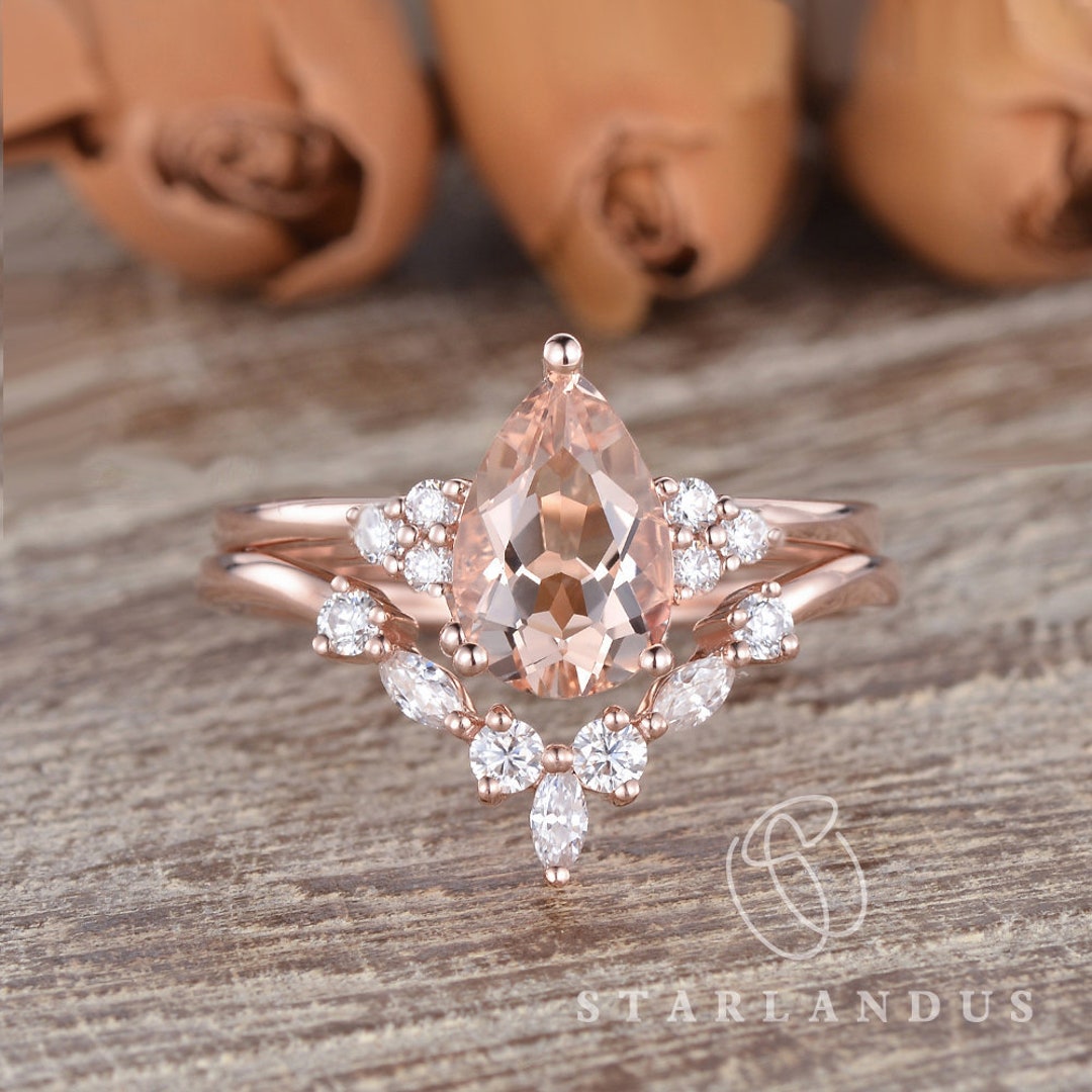 Pear Shaped Morganite Bridal Set 2pcs 1.2ct Morganite Cluster Ring ...